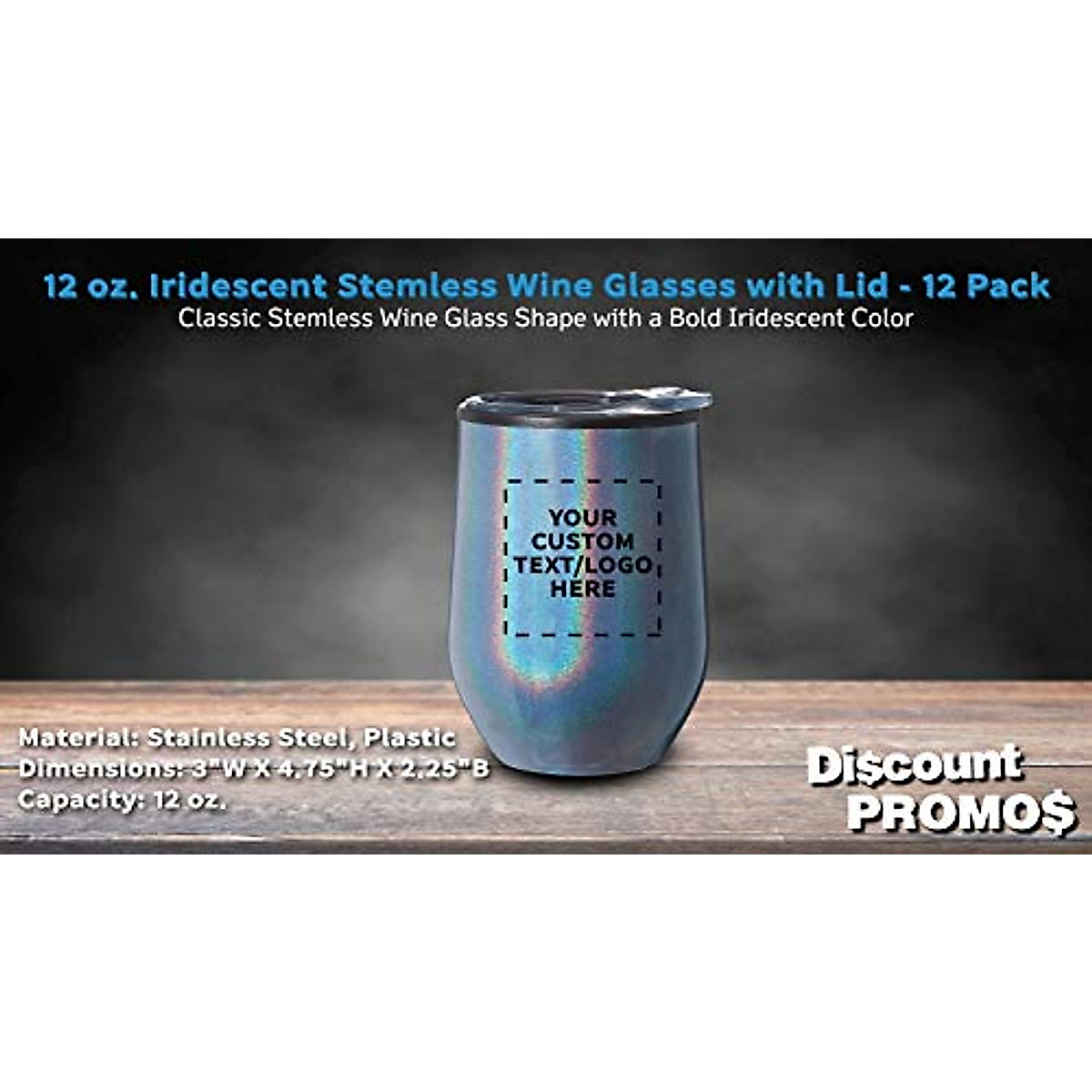 Custom Palmera Stemless Wine Tumblers with Lids 12 oz. Set of 12, Personalized Bulk Pack - Perfect for Wine, Cocktails, Other Hot & Cold Beverages - Iridescent Blue