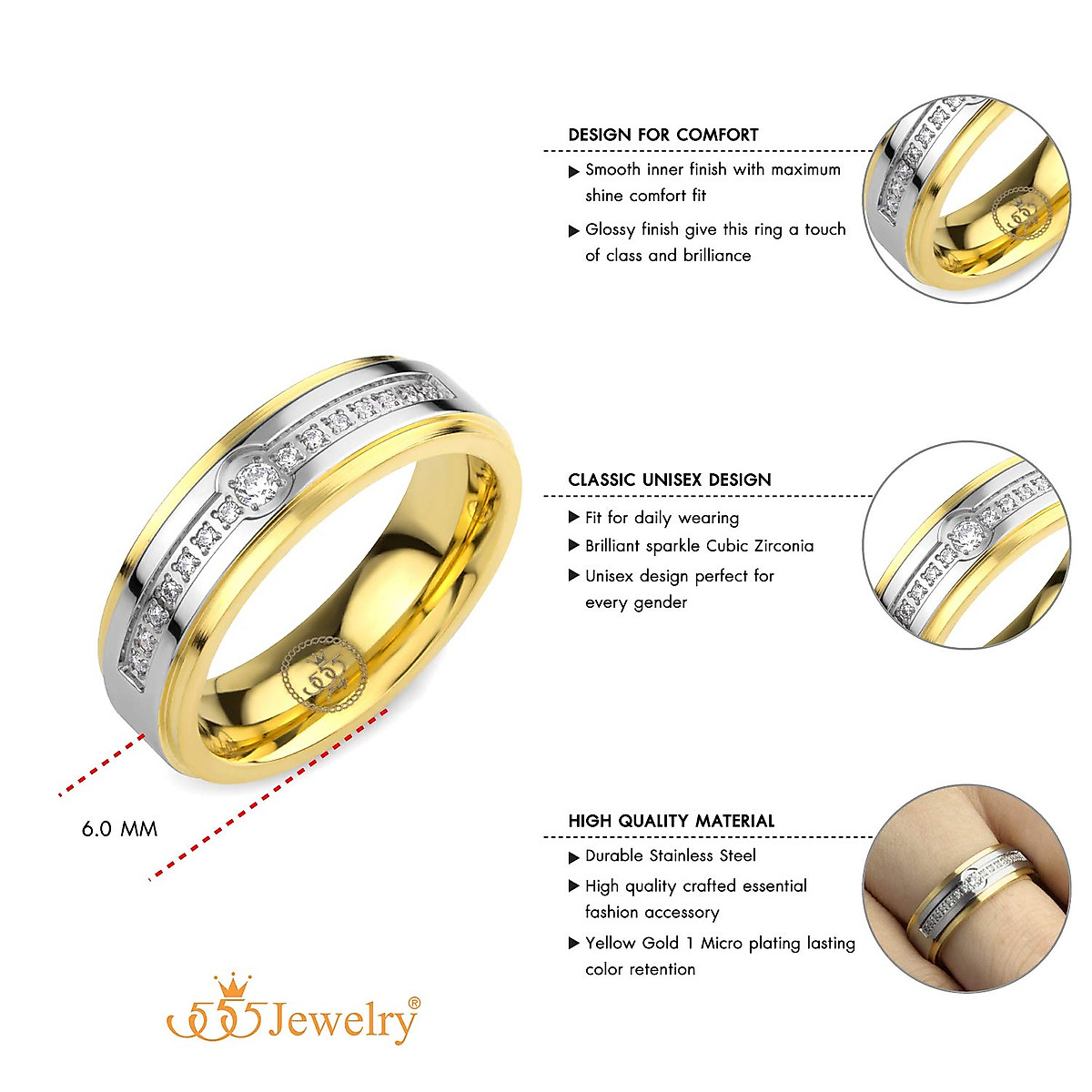 555Jewelry 6mm Wide Stainless Steel CZ Rings for Women, CZ Rings for Women, Unisex Cubic Zirconia Wedding Band, CZ Engagement Rings for Women & Men, Silver & Gold, Size 5