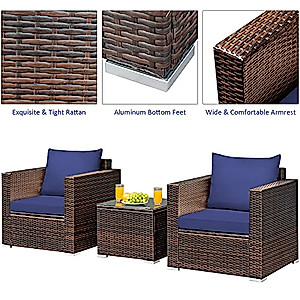 Tangkula 3 Pieces Patio Furniture Set, Outdoor Conversation Rattan Furniture Set w/Washable Cushion and Tempered Glass Tabletop, PE Rattan Wicker Sofa Set for Garden Poolside Balcony (Navy Blue)