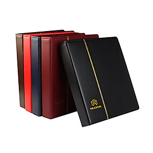 MUDOR Empty Premium PU Classic Binder, 4 Ring Binder Albums Stockbook for Stamps, Documents, Coins, Bank Notes(Black)