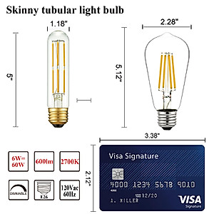 Arberlic 5 Inch T10 LED Bulb,6W Tubular Light Bulb Equivalent E26 led Bulb 60 watt dimmable,Warm White 2700K,600lm,CRI85+,AC120V,Edison Style,Clear Glass,Flicker Free,Pack of 6