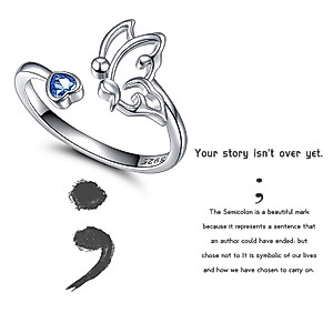 Butterfly Semicolon Ring 925 Sterling Silver Mental Health Awareness Inspired Rings Jewelry Gifts (A)