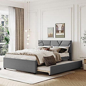 GJHOME Queen Size Upholstered Platform Bed Frame for Boys Girls Kids Adults Toddler with Brick Pattern Headboard and Twin XL Size Trundle, Linen Fabric, Gray