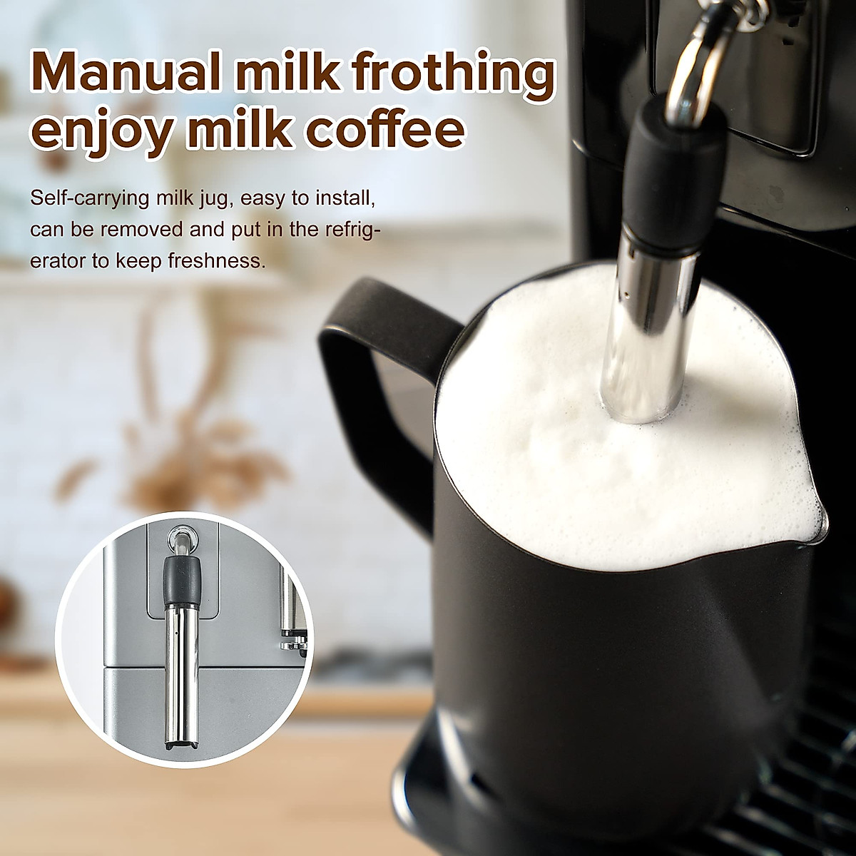 Eficentline-205 Fully Automatic Espresso Machine, One Touch Coffee Machine with Manual Milk Frother for Cappuccino & Latte, Stainless Steel, Silver (Espresso Machine w Milk Frother)