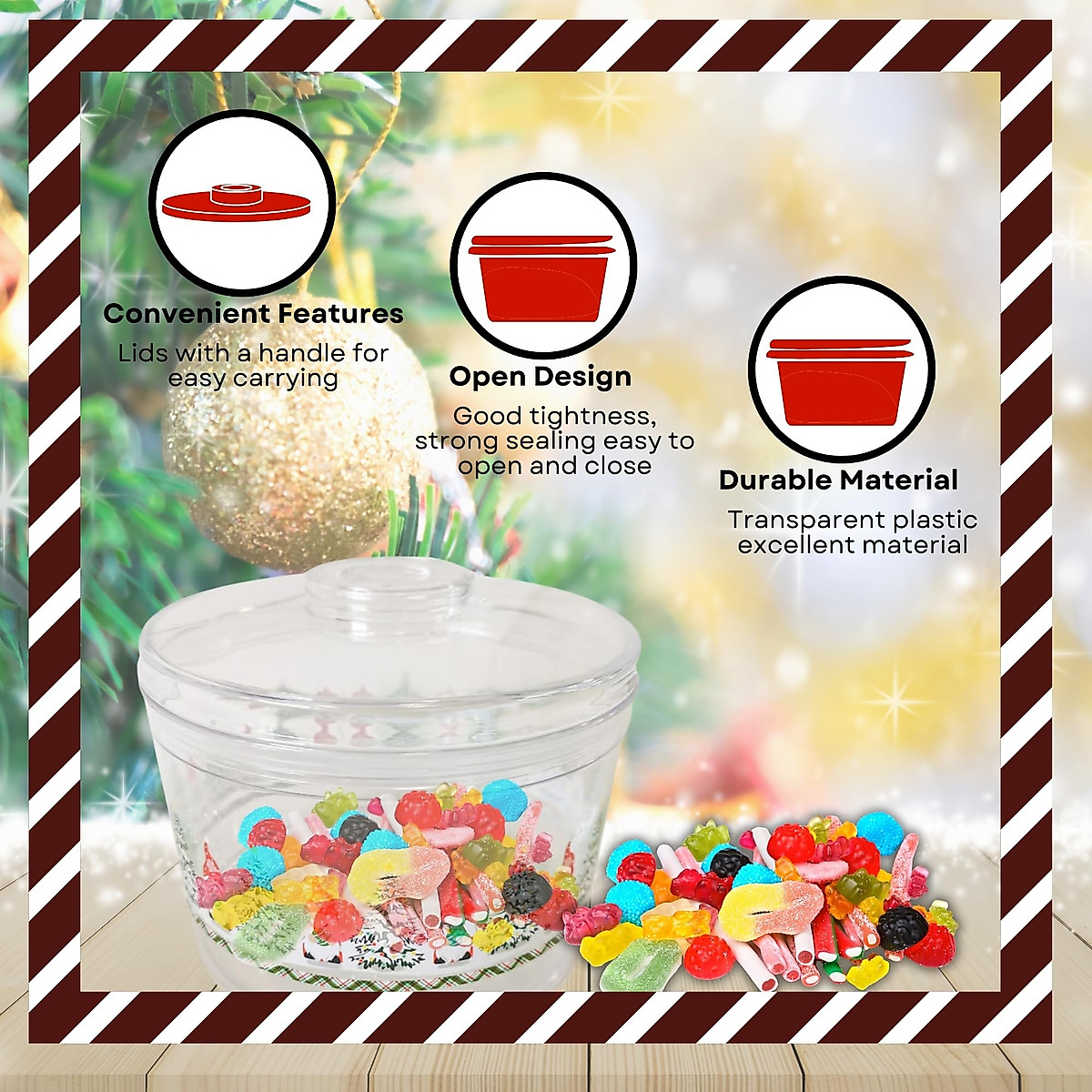 EB (4) Christmas Themed Stackable Plastic Containers with Lids 12.5 oz for Cookies Snack Candies Treats Food Storage Holiday Jars Home Kitchen Cabinet Organizer Gift Set Supplies (Design may Vary)