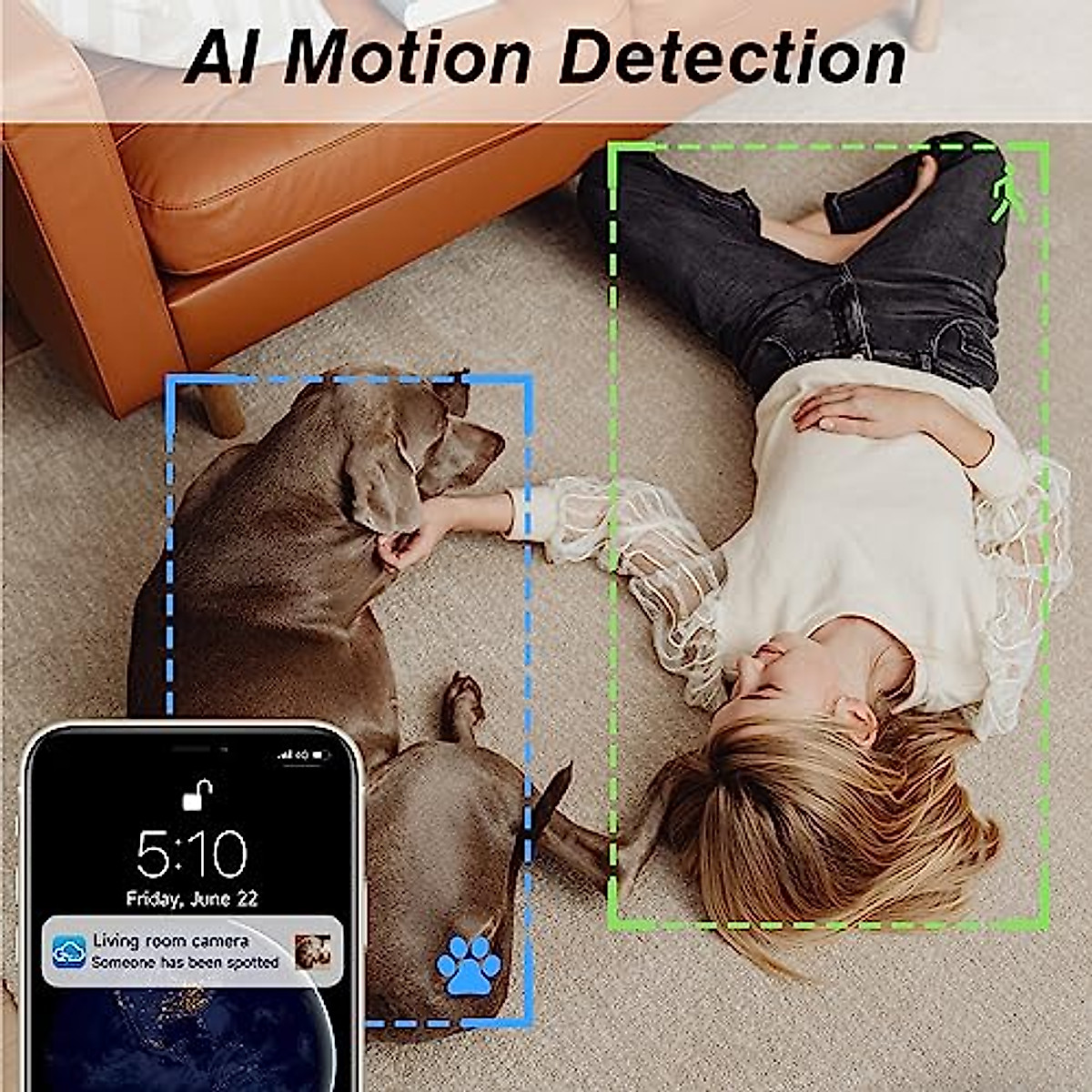 Rraycom Mini WiFi Home Security Cameras System-2K HD Indoor Camera with Playback, AI Motion Detection, Color Night Vision, Two-Way Audio, Cloud&SD Storage, Compatible with Alexa&Google Assistant