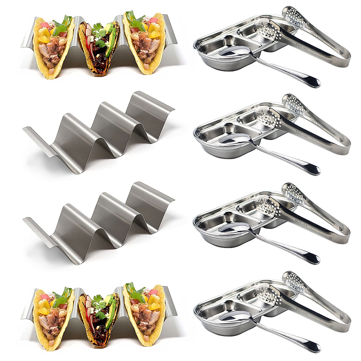 Taco Holders 4 Packs, Stainless Steel Taco Racks With Handles by Encoli, Toco Stand Hold up to 3 taco, Oven Grill Dishwasher Safe
