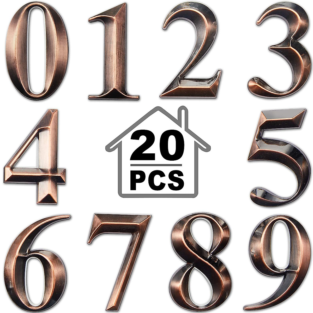 Jetec 20 Pieces 3D Mailbox Numbers 0-9 Self Adhesive 2 Inch Address Numbers Stickers Door House Style Street Mailbox Sign for Apartment Home Office(Bronze,20 Pieces)