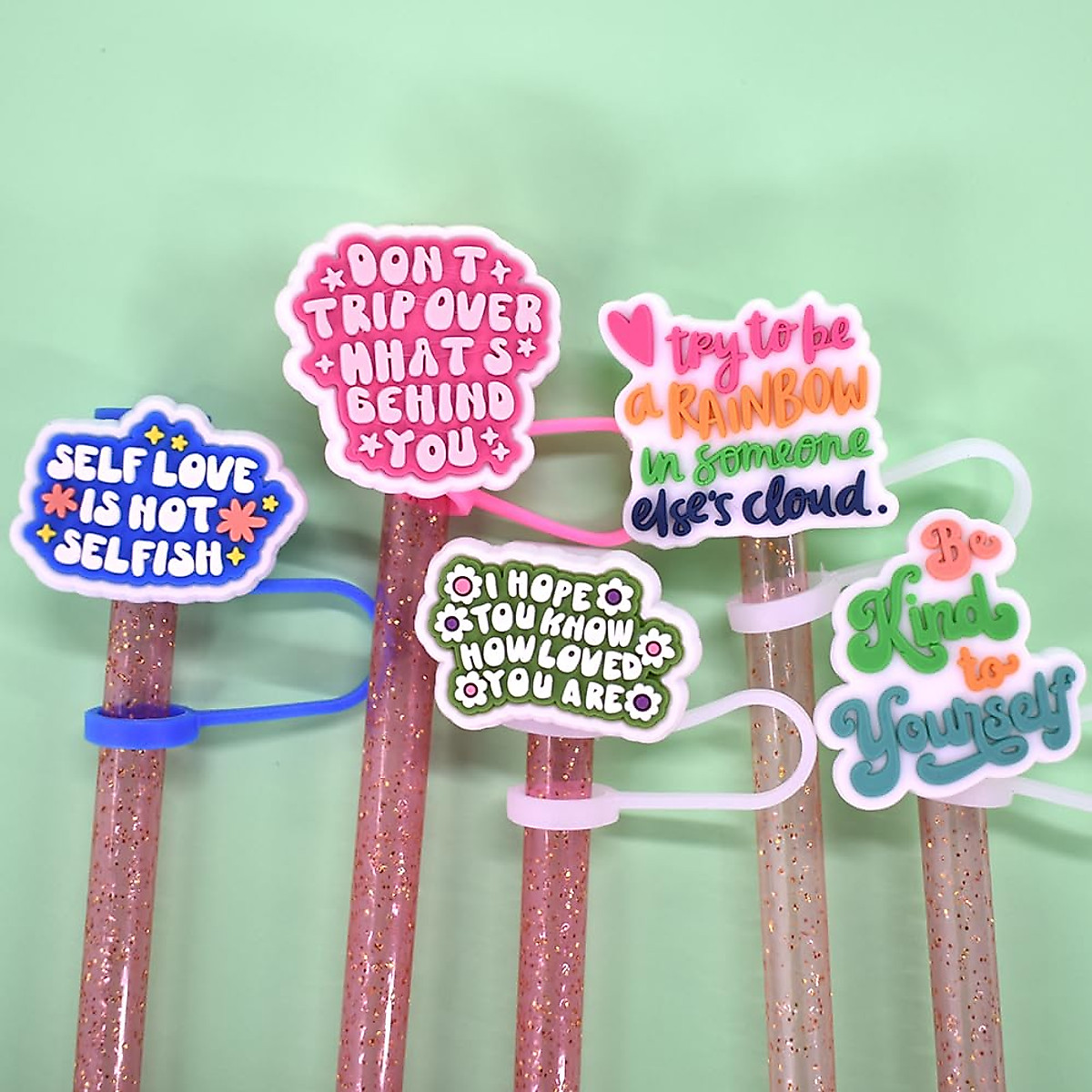 12pcs Straw Cover Cap,Reusable Drinking Straw Toppers,10mm Straw Covers for Stanley Cup 30&40 Oz Tumbler Straw Accessories Splash Straw Protector Portable Dust Straw Caps Decoration (Love Myself)