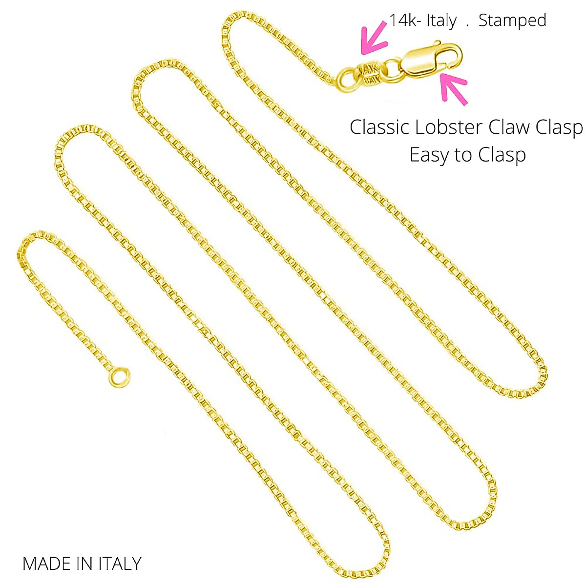 Italian Fashions 14K or 10K REAL Solid Yellow or White or Rose/Pink Gold 0.5 MM,0.6MM,0.7MM,0.8MM,0.9MM,1.1MM,1.2MM Italian Diamond Cut Box Link Chain Necklace gold necklaces for women MADE IN ITALY,