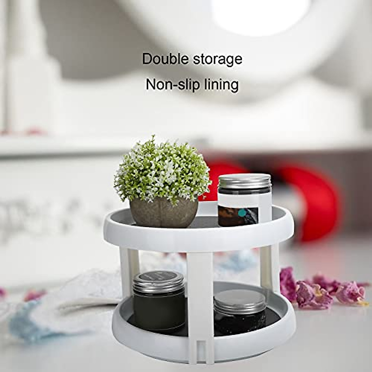 Lazy Susan Organizer,2 Tier Non Skid Spice Rack Turntable,360 Degree Rotating Seasoning Organizer,Easy to Install Turntable Organizer for Item Storage and Organization