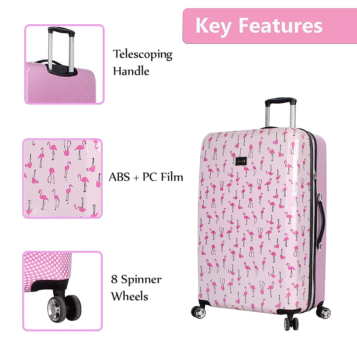 Betsey Johnson 26 Inch Checked Luggage Collection - Expandable Scratch Resistant (ABS + PC) Hardside Suitcase - Designer Lightweight Bag with 8-Rolling Spinner Wheels (Flamingo Strut)