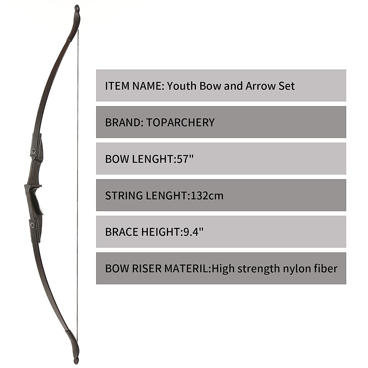 TOPARCHERY Archery 57" Takedown Youth Recurve Bow and Arrow Set Long Bow Kit with 6pcs Fiberglass Arrows for Beginner Teenagers Right Left Hand Black - Draw Weight 20lbs- 40lbs (40)