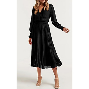 PRETTYGARDEN Wrap V Neck Spring Dresses for Women 2024 Long Sleeve Smocked Wedding Guest Dresses Flowy Pleated Midi Dress (Black,X-Large)