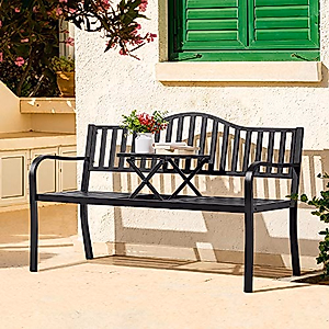 Topeakmart Outdoor Garden Bench Patio Park Bench Chair with Adjustable Middle Table, Two Person Outdoor Furniture, Black