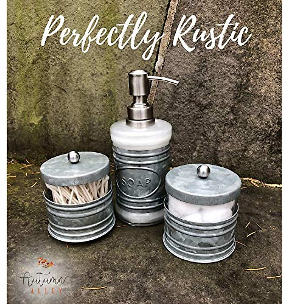 Autumn Alley Adorable 3 Piece Farmhouse Bathroom Accessory Set for Sink/Vanity with Galvanized Soap Dispenser, Cotton Ball Container with Lid, Qtip Organizer- Galvanized Farmhouse Bathroom Decor