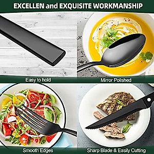 72-Piece Black Silverware Sets for 12 with Steak Knives, CEKEE Stainless Steel Black Flatware Set for 12, Kitchen Utensils Sets for Home Restaurant Hotel, Mirror Polished & Heavy Duty Cutlery Set