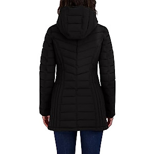 Nautica Women's 3/4 Midweight Stretch Puffer Jacket with Hood, Black, X-Small