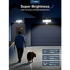 Amico 2-Pack 3 Head LED Security Lights with Motion Sensor, Adjustable 40W, 4000LM, 5000K, IP65 Waterproof, Exterior Flood Light for Garage, Yard（White