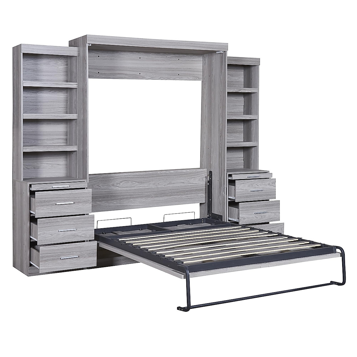 GLORHOME Space-Saving Full Size Murphy Bed with Gray Finish, Storage Shelves, and Drawers