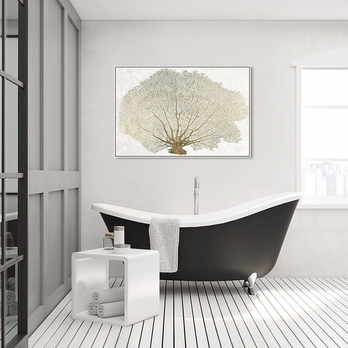 The Oliver Gal Artist Co. Nautical and Coastal Contemporary White Frame Canvas Wall Art Gold Coral Fan Living Room Bedroom and Bathroom Home Decor 45 in x 30 in White and Gold