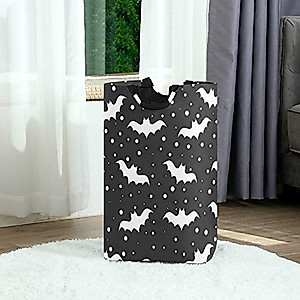 Kaariok Halloween Bats Black White Polka Dots Laundry Hamper with Handles Waterproof Collapsible Storage Basket Large Dirty Clothes Bin for Laundry Room, 22.7 Inches