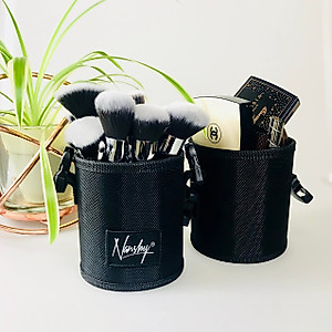 Nanshy Travel Makeup Brush Holder with Lid - Large, Stand Up Makeup Brush Case for MUA - 2-in-1 Durable Makeup Brush Organizer Bag & 2 Brush Cups - Brushes Not Included - Black - 9 x 4 x 4 Inches