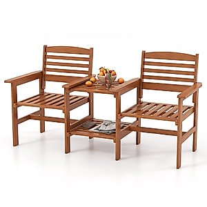 Tangkula Outdoor Patio Loveseat with Table, Wood 2-Seat Conversation Set with Coffee Table and Umbrella Hole, Outdoor Furniture Set for Garden Poolside Backyard Balcony Porch Deck (Natural)