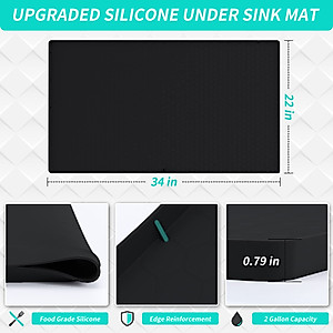 Under Sink Mat, 34" x 22" Under Sink Mats for Kitchen Waterproof, Bathroom Tray with Drain Hole, Under Sink Liner as Protect for Drips Leaks Spills Tray, Black