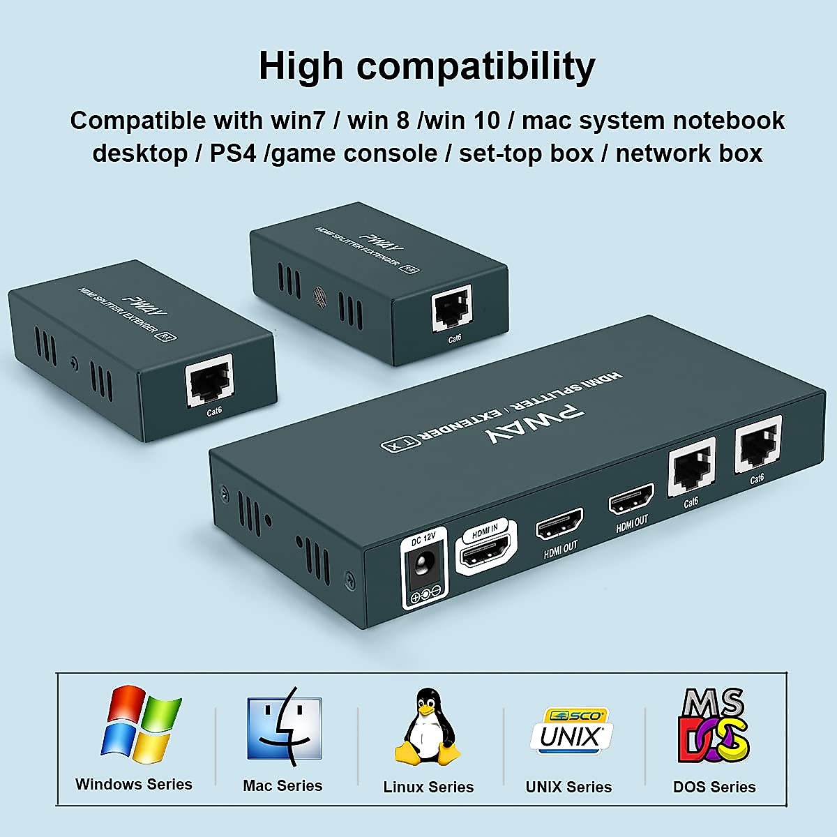 GREATHTEK 1x2 HDMI Extender Splitter 1080P 3D Over Cat5e/Cat6/Cat7 Ethernet Cable with 2 HDMI Loop Out - Up to 50m/165ft - EDID Management & POC Function for HDTV PS3 PS4 Xbox (1 in 2 Out / 2-Port)