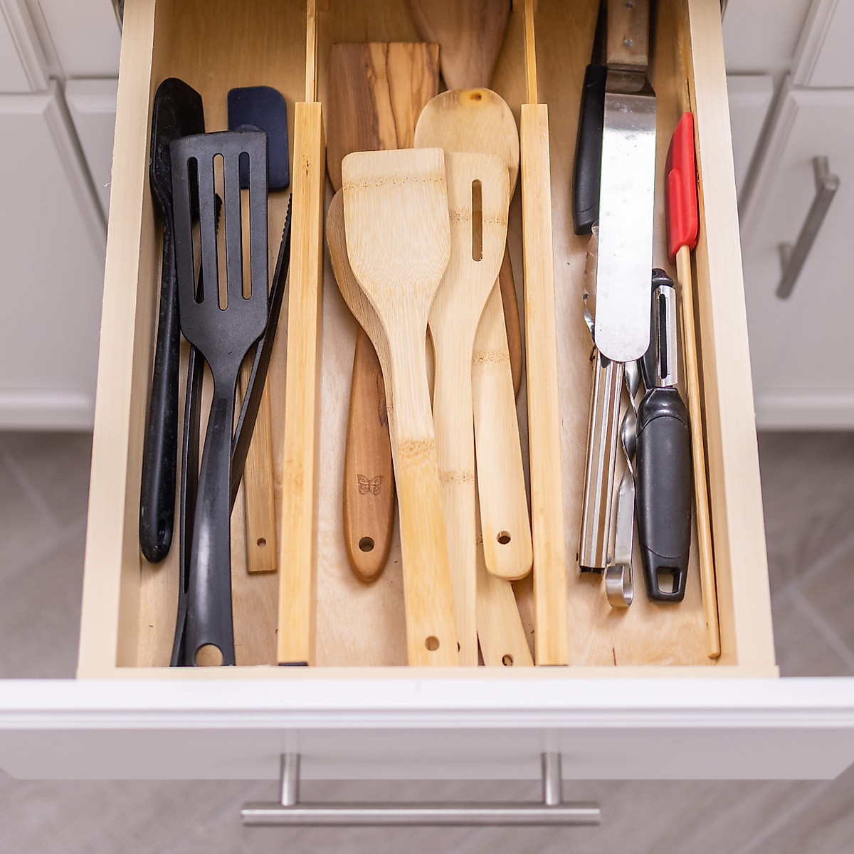 Fabsome Bamboo Kitchen Drawer Dividers 4 Pack, 17-22 inches Long Adjustable Spring-loaded Organizer Durable Organization Separators for Large Utensil Drawers, Clothing Dresser Drawers