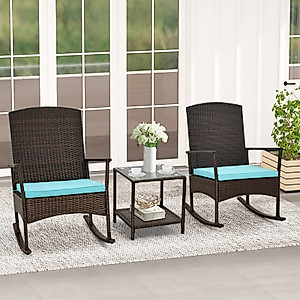 Tangkula 3 Pieces Rocking Wicker Bistro Set, Outdoor Front Porch Rocker Chairs Conversation Set with 2-Tier Tempered Glass Coffee Table and Thick Cushions for Garden, Balcony, Poolside (Turquoise)