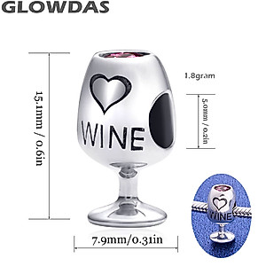 Wine Glass Cup Charms fit Pandora Valentines Day Bracelet, 925 Sterling Silver Wine Bottle Beads with Red CZ, Cocktail Goblet Charm, Birthday Gifts for Wedding/Nana/Wife/Couple