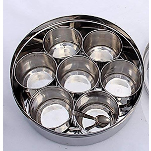 King International Stainless Steel Indian Spice Box, Indian See Through Masala Dabba, Masala Box,Steel Masala Dabba, Indian Spice Container, with 7 Spice containers Size 20 X 20 x 8 cm, Set of 9