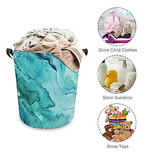 TsyTma Watercolor Turquoise Laundry Basket Green Sea Water Collapsible Laundry Hamper with Handles Small Round Toy Bin for Dirty Clothes Hamper Bedroom Bathroom