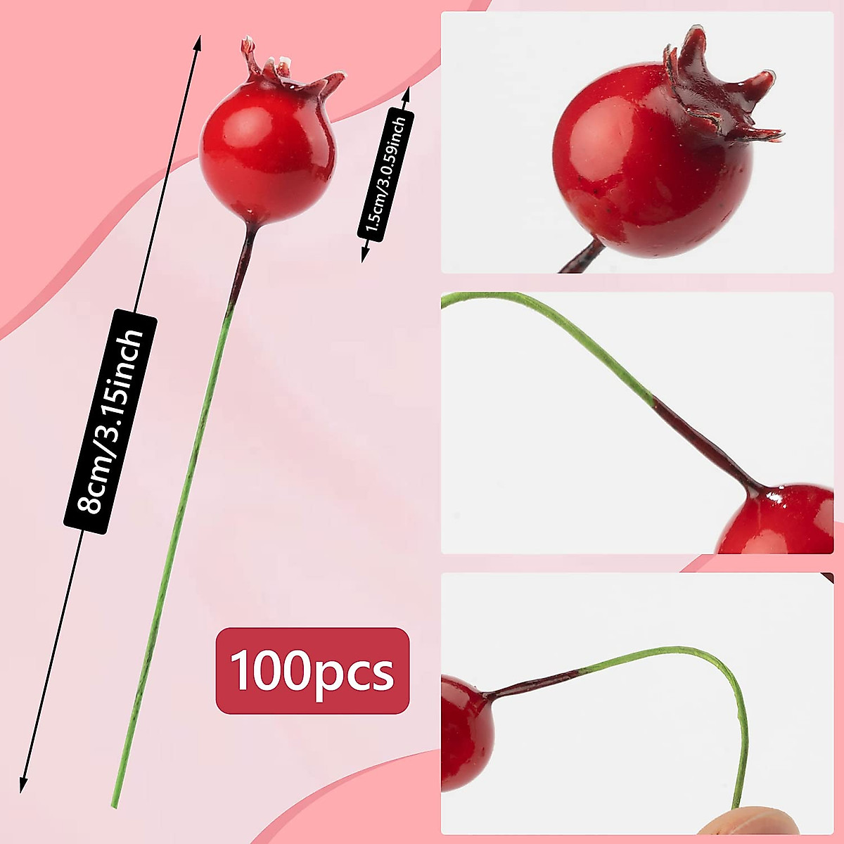 RAYNAG 100 Pieces Mini Artificial Pomegranate Fake Fruit Berry Stamen Christmas Party Decor DIY Craft,Red