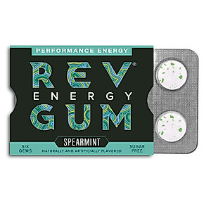 Rev Gum Caffeine Energy Gum | Performance Energy 60mg of Caffeine per Gem | Spearmint Sugar Free Caffeinated Mint Chewing Gum - Low Calorie Chews to Help You Stay Alert, Awake and Focused - 12 Packs (72 Count)