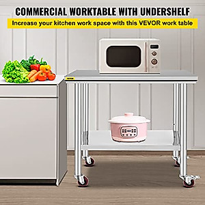 Mophorn Stainless Steel Work Table 36x24 Inch with 4 Wheels Commercial Food Prep Worktable with Casters Heavy Duty Work Table for Commercial Kitchen Restaurant