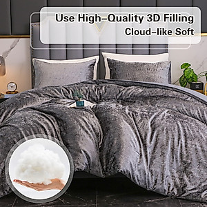 YOZEN Queen Size Korean Velvet Comforter Set Grey Gray, 3 Pieces Crushed Crinkled Luxury Textured Bedding Comforter Sets, Lightweight Microfiber Down Alternative Bed Set