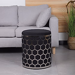 SOFT ASS Modern Round Velvet Ottoman Vanity Chair Large Footrest Stool with Hexagon Silver Metal Frame for Bedroom Living Room Study and Entrance - Black