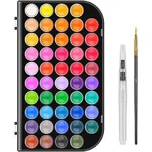 48-Color Watercolor Paint Set With Brush, Refillable Water Brush Pen, Palette, and Water-Washable Paints for Kids, Adults and Artists