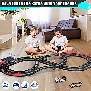 Electric Racing Tracks for Boys and Kids Including 4 Slot Cars 1:43 Scale with Headlights and Dual Racing, Race Car Track Sets with 2 Hand Controllers, Gift Toys for Children Over 8 Years Old
