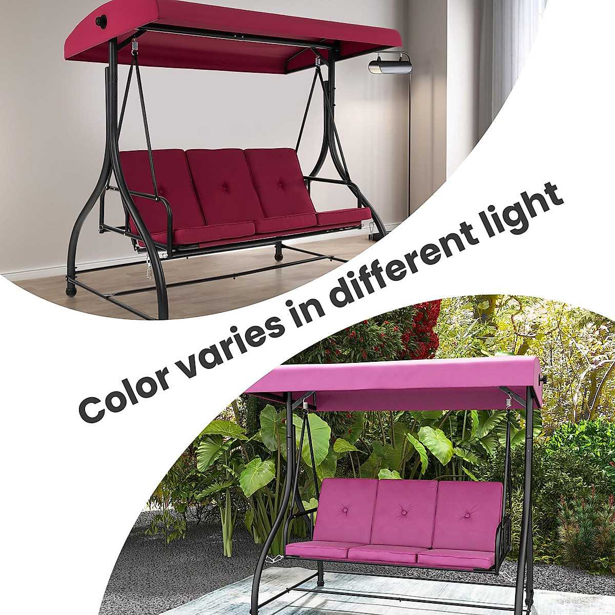 Tangkula 3 Person Porch Swing, 2-in-1 Convertible Patio Swing Bed with Removable Cushions, Solid Steel Structure, Outdoor Swing with Adjustable Canopy for Backyard, Balcony, Poolside (Wine)