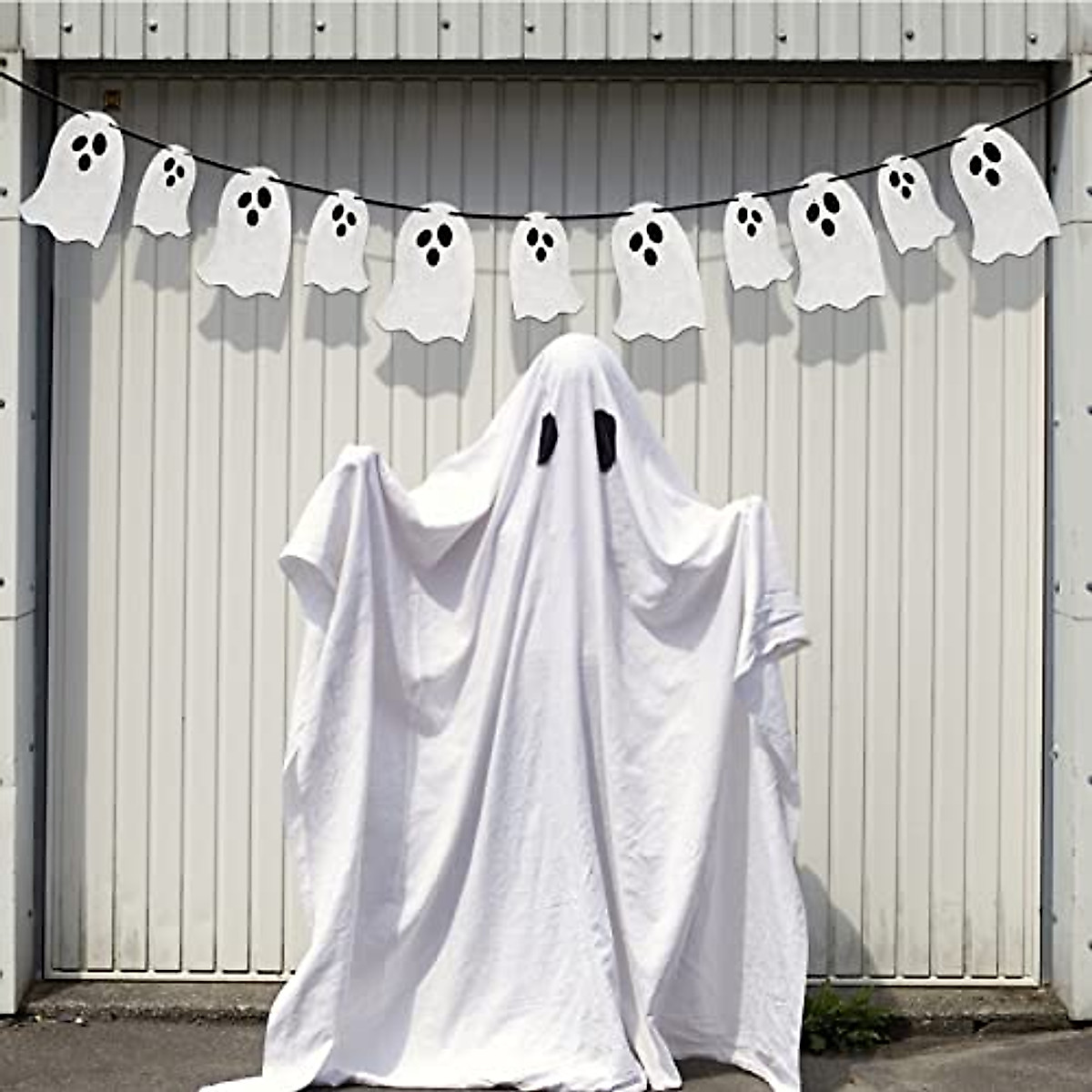 IWPTY Halloween Ghost Banner, Ghost Garland White Glittery Halloween Decorations for Party Indoor Outdoor Haunted Houses, Home House Doorways Mantel Wall Decor Supplies - 2 Packs with 2 String Lights