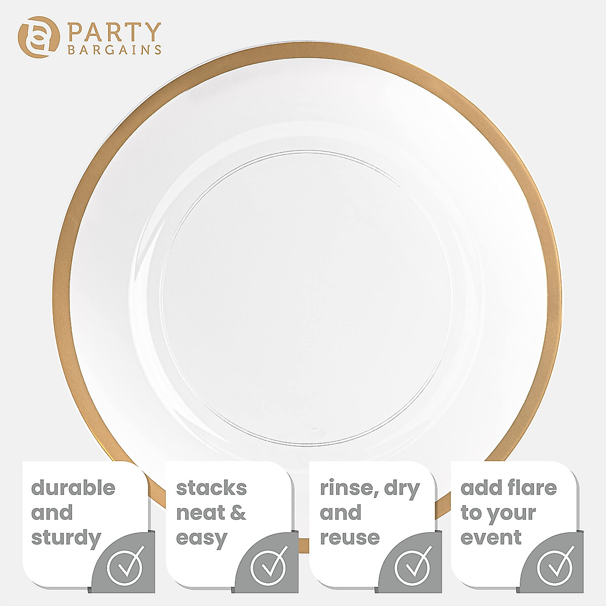 PARTY BARGAINS 13-Inch Charger Plates - 16 Pack, Clear Gold Rim, Heavy-Duty Disposable Chargers for Elegant Dining - Ideal for Weddings and Formal Events