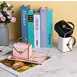Koythin Ceramic Coffee Mug Saucer Set, Creative Cute Handbag Shaped Cup with Spoon and Saucer for Office and Home, 10 oz/300 ml for Tea Latte Milk (Peach Pink)
