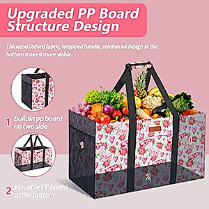 MHOMER Reusable Grocery Bags Extra Waterproof Large Tote Bag with Carrying Handles Reinforced Bottom Durable Oxford Fabric Foldable Shopping Bags for Storage Space Saving Red Heart Pattern