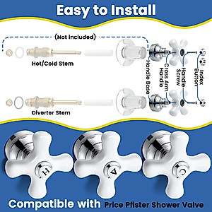 Enhon 3 Pcs Porcelain Handle Set, Compatible with Price Pfister Shower Valve, Hot Cold and Diverter Handle, Fits 12 Point Broach Stem, Chrome Finish White Porcelain(Cross Arm)