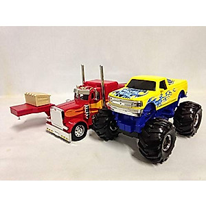 New-Ray New 1:32 NEWRAY Truck & Trailer Collection - RED Peterbilt Model 379 LOWBOY with Monster Truck Diecast Model Toys