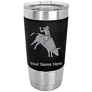 LaserGram 20oz Vacuum Insulated Tumbler Mug, Bull Rider Cowgirl, Personalized Engraving Included (Faux Leather, Black)